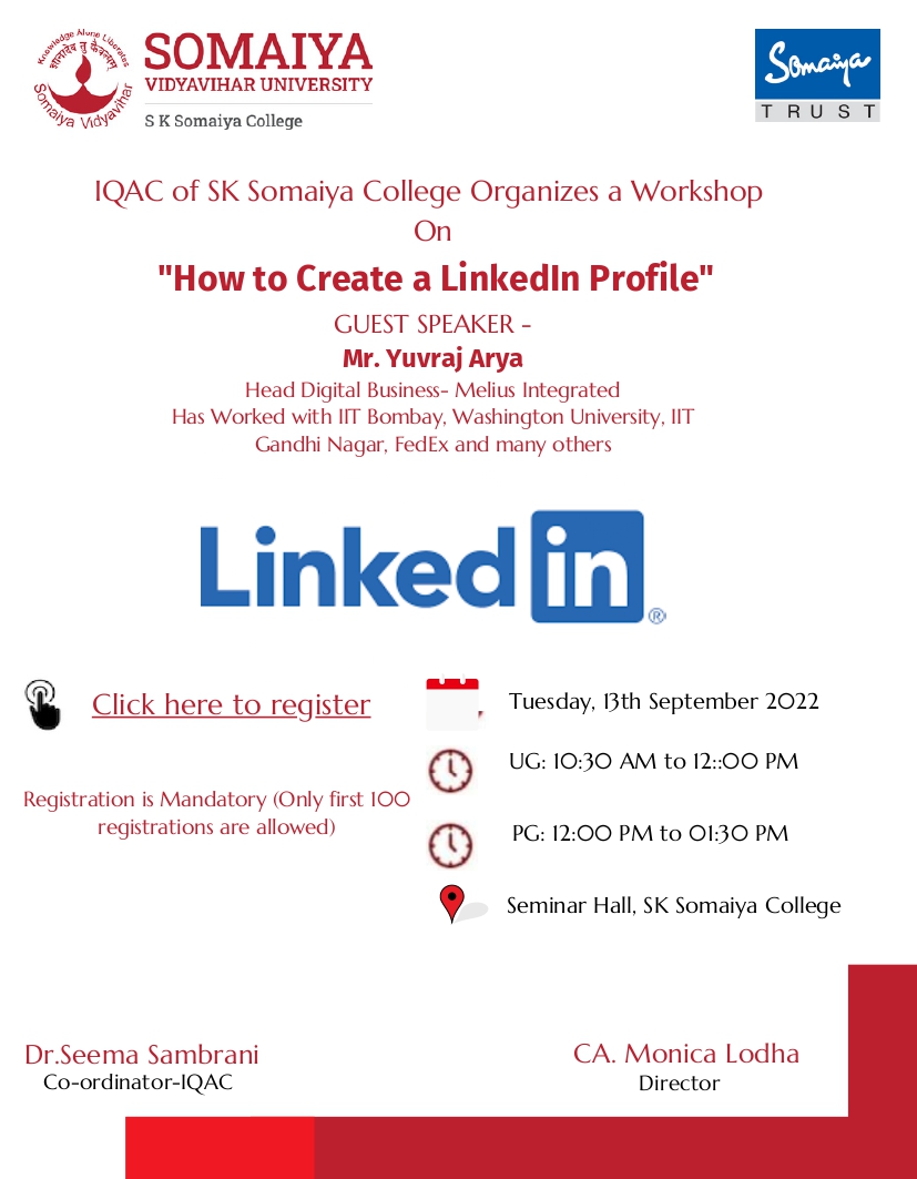 Workshop on Creating LinkedIn Profile - Organized by IQAC | Somaiya Vidyavihar University